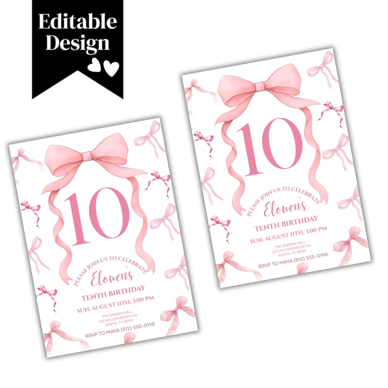 Coquette Pink Bow Birthday Invitation, Editable Template for Girls ...