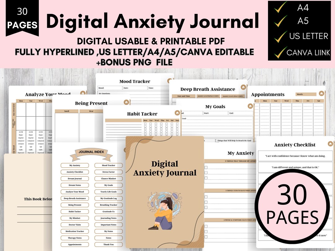 30 PAGES Anxiety Workbook Printable & Digital Worksheets for Panic ...