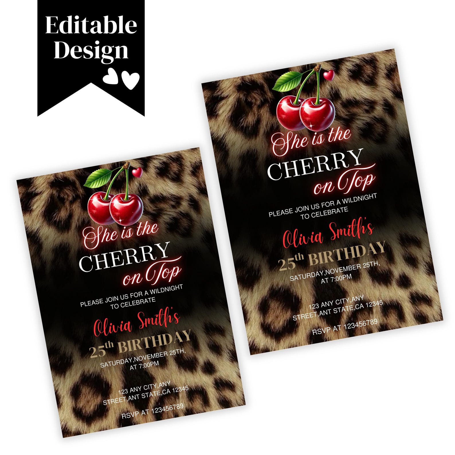 Cheetah Print Birthday Invitation, Editable Cherry Birthday, Canva ...