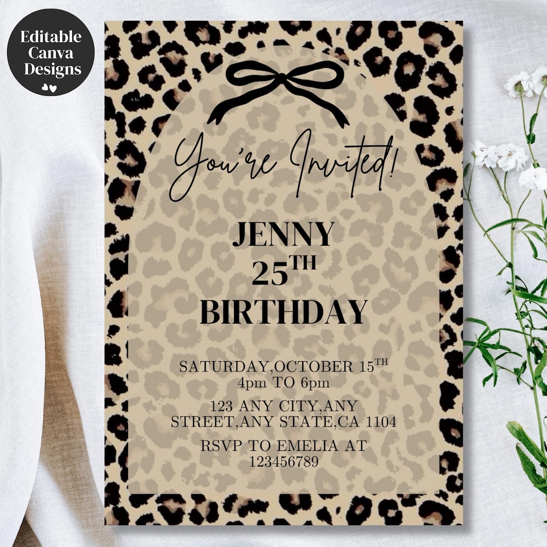 Cheetah Print Birthday Invitation, Black Bow Coquette Party Printable ...