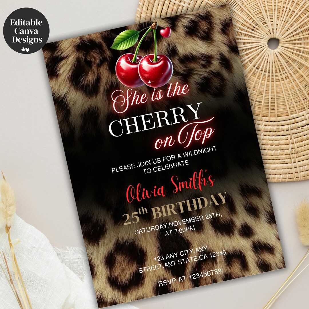 Cheetah Print Birthday Invitation, Editable Cherry Birthday, Canva ...