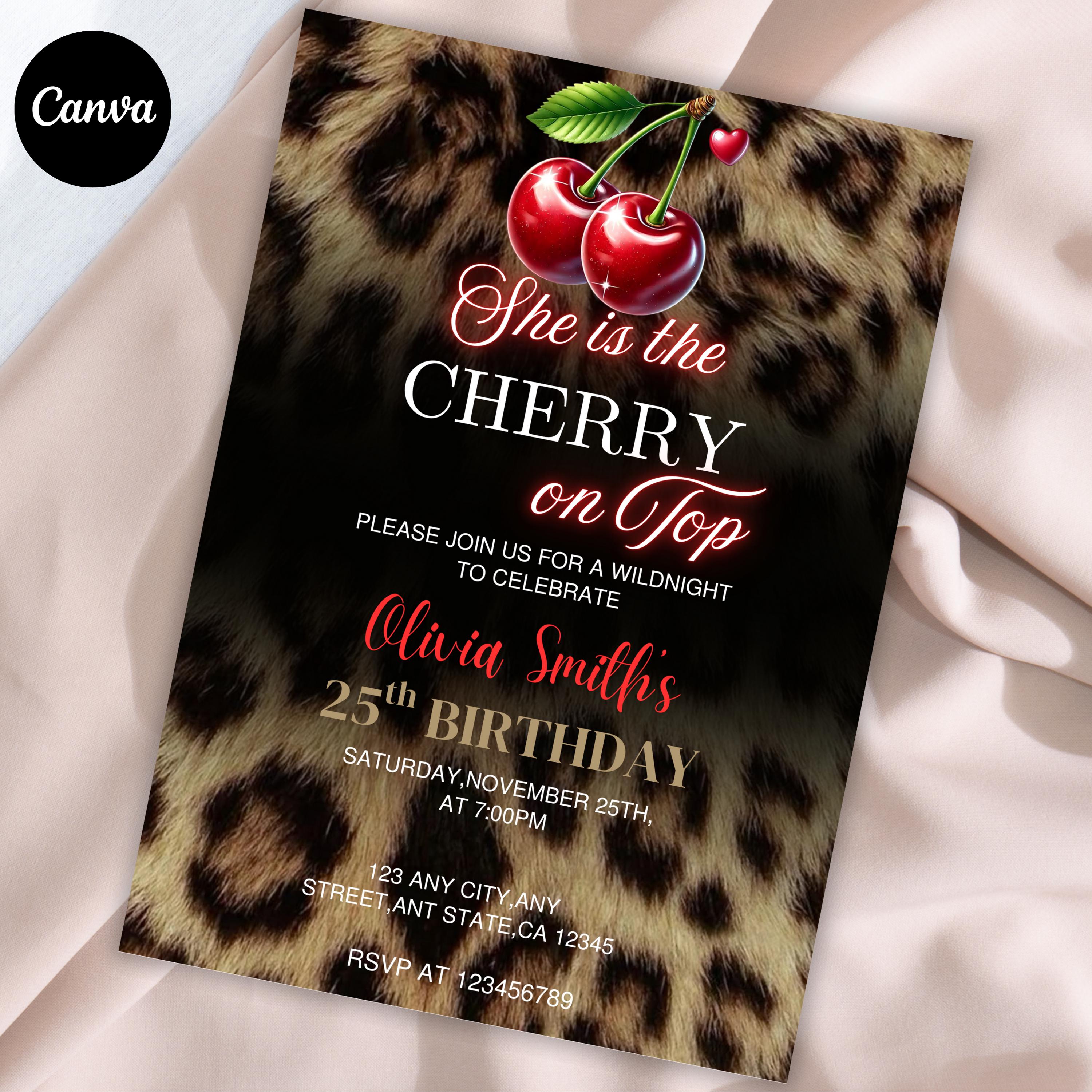 Cheetah Print Birthday Invitation, Editable Cherry Birthday, Canva ...