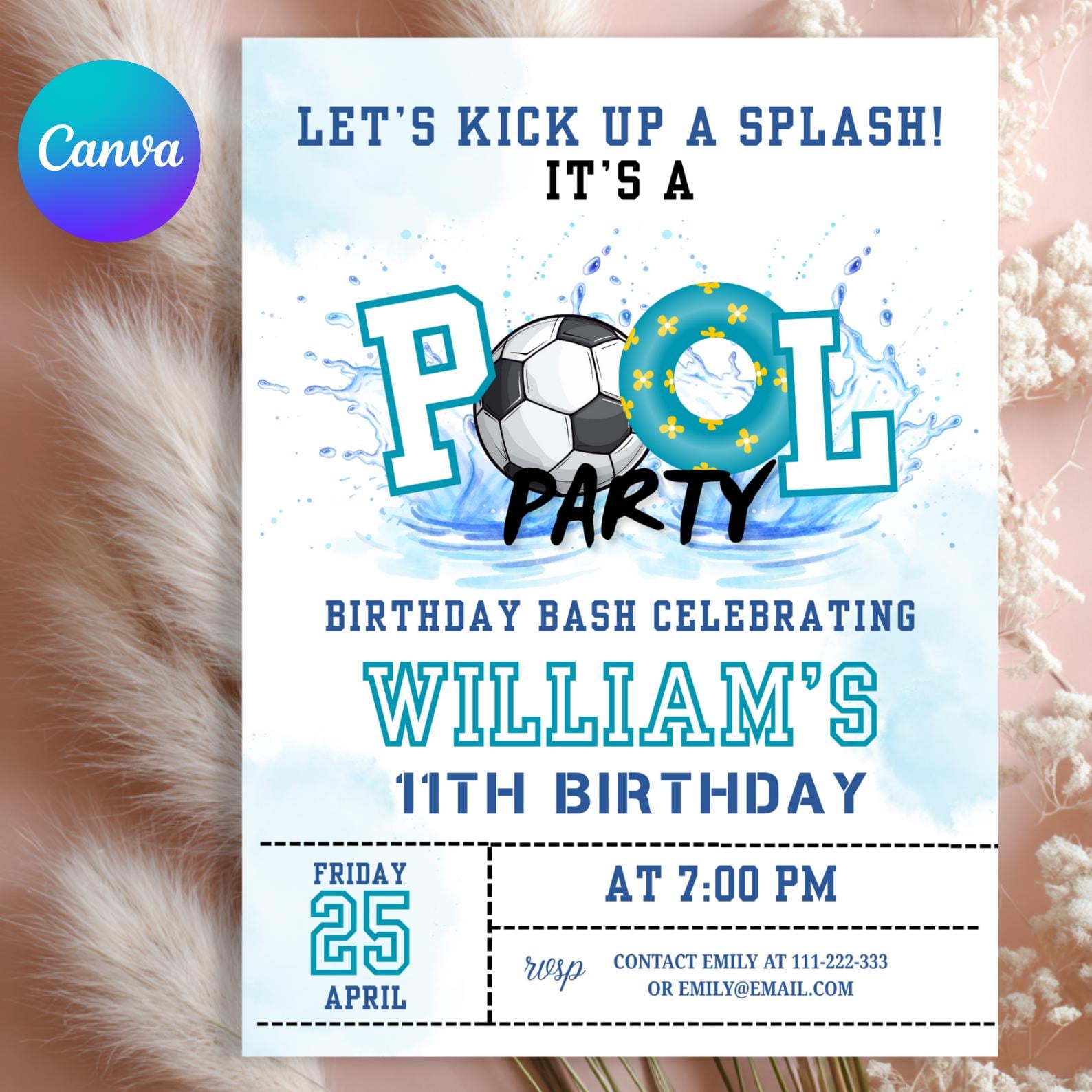Editable Soccer Pool Birthday Party Invitation, Kids Football Party ...
