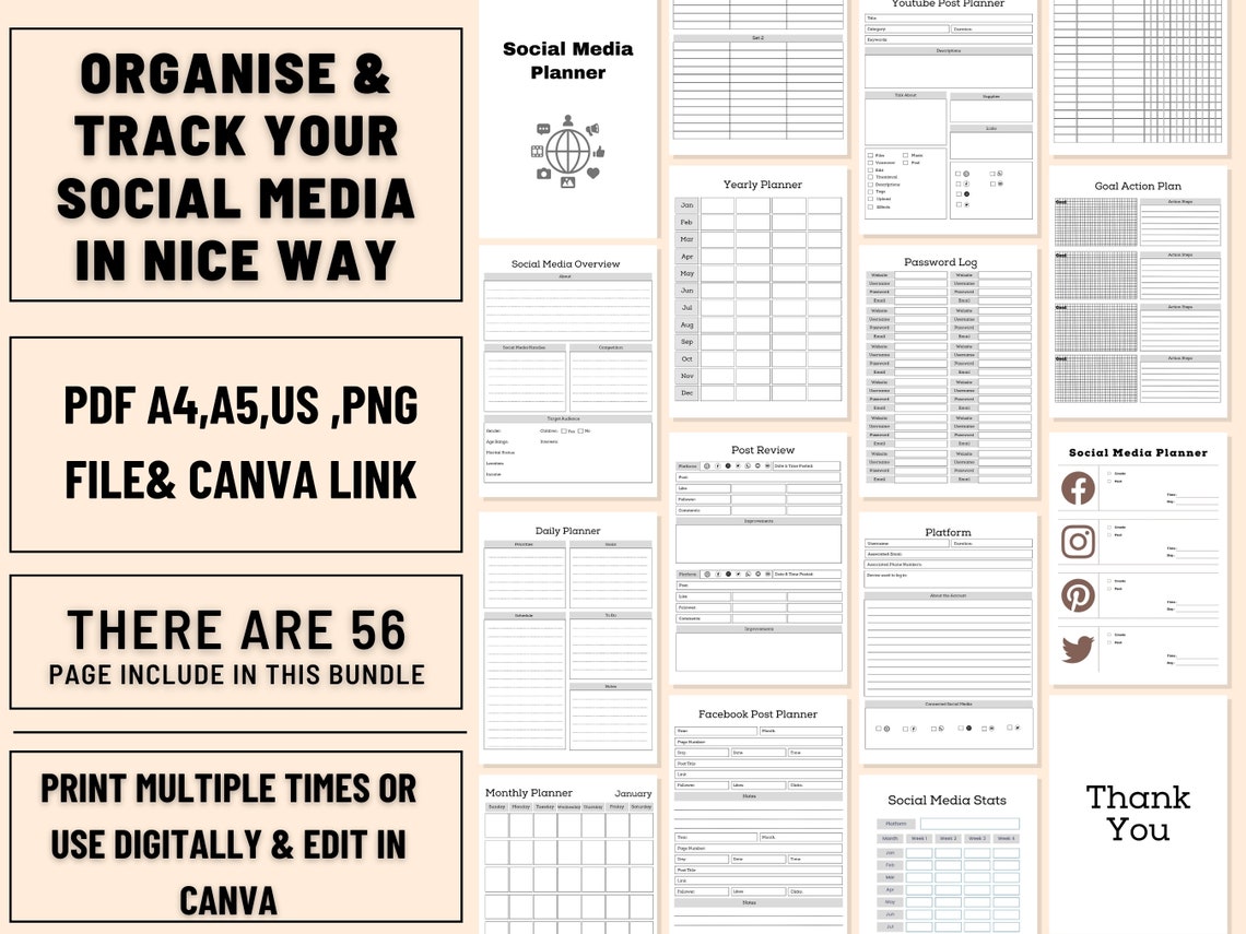 Social Media Planner Printable, Content Planner for Instagram, Youtube ...