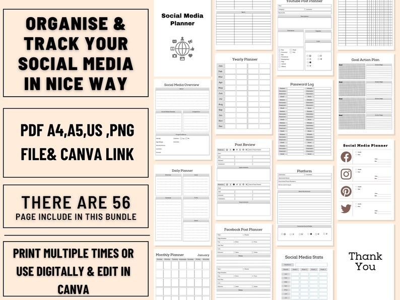 Social Media Planner Printable, Content Planner for Instagram, Youtube ...