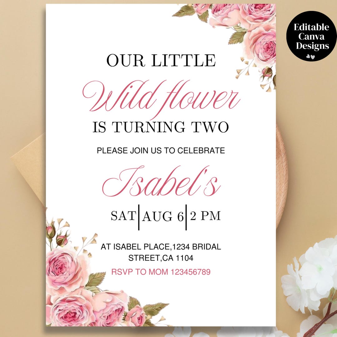 Wildflower Editable Second Birthday Invitation, Boho Floral 2nd ...