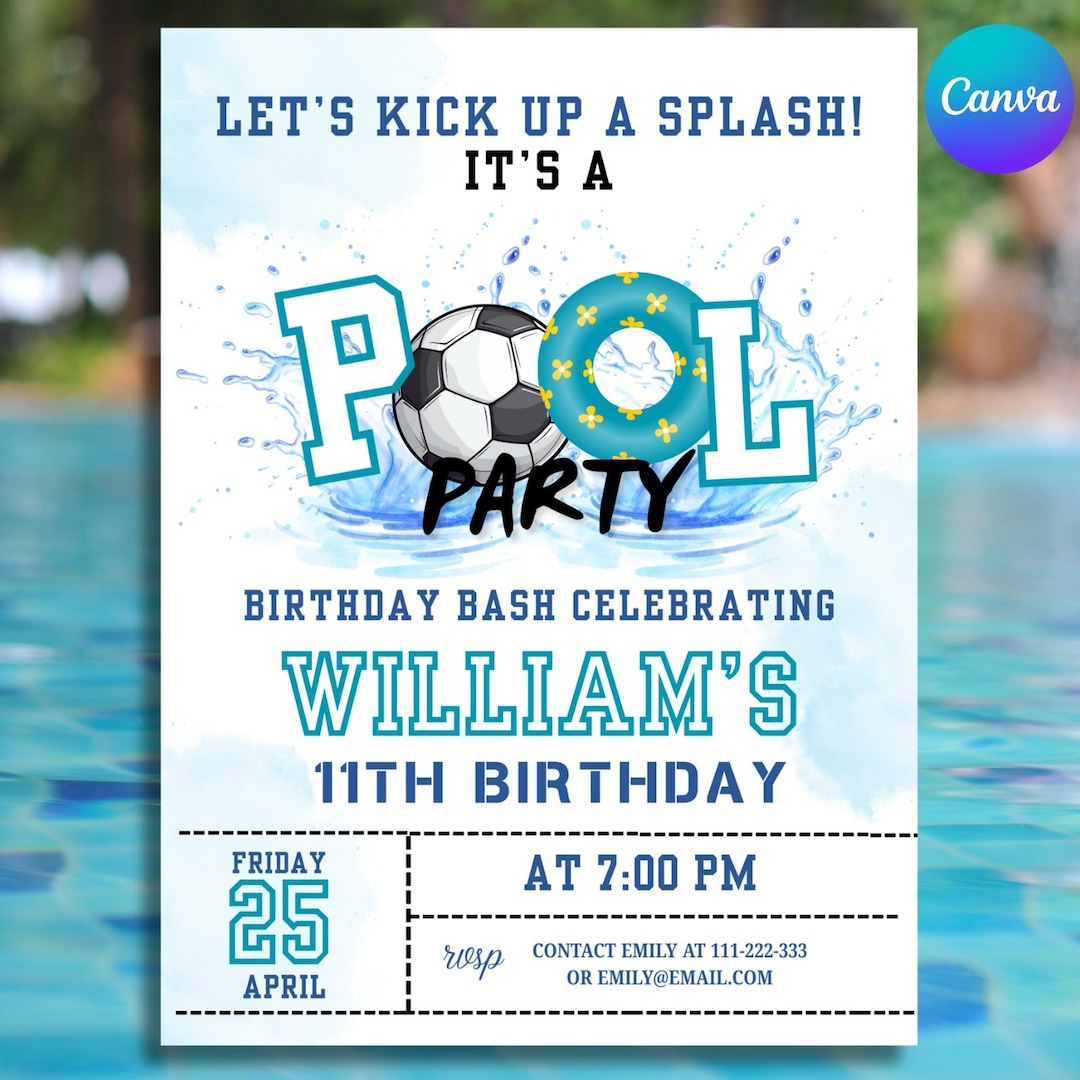 Editable Soccer Pool Birthday Party Invitation, Kids Football Party ...