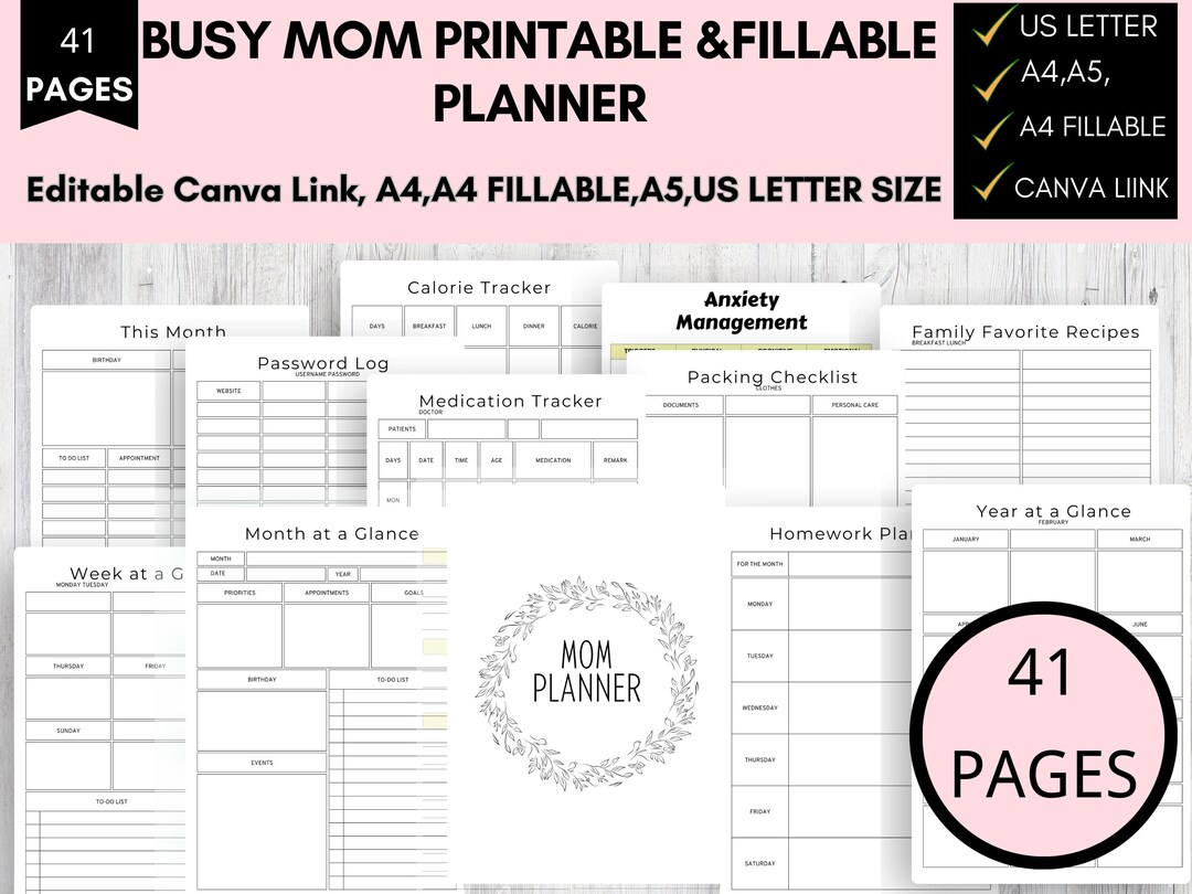 Fillable Busy Mom Planner, Printable Planner, Household , Mom on the Go ...