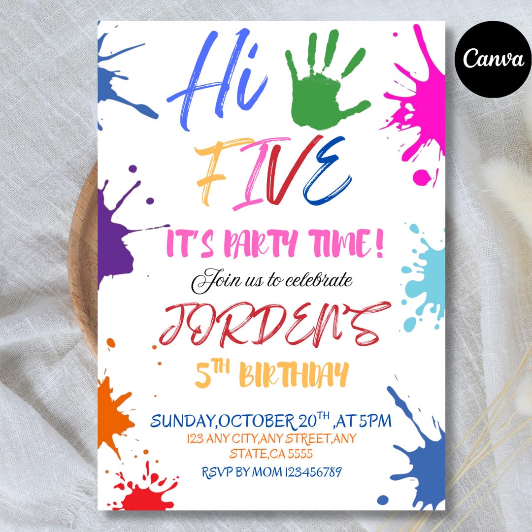 Editable Hi-five 5th Birthday Invitation, Colorful High Five Party ...