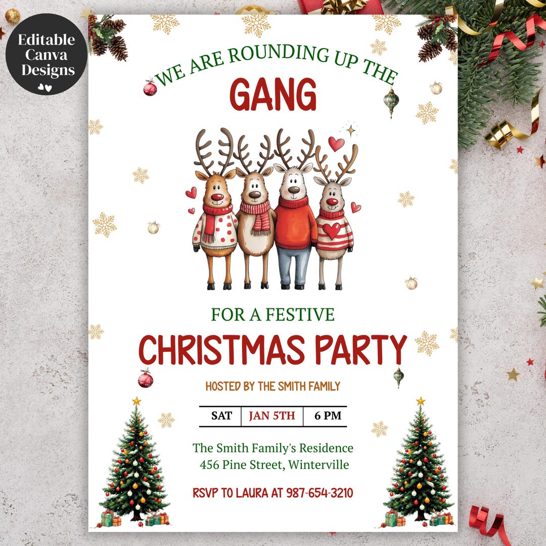 Editable Reindeer Christmas Party Invitation, Rudolph Holiday Template ...