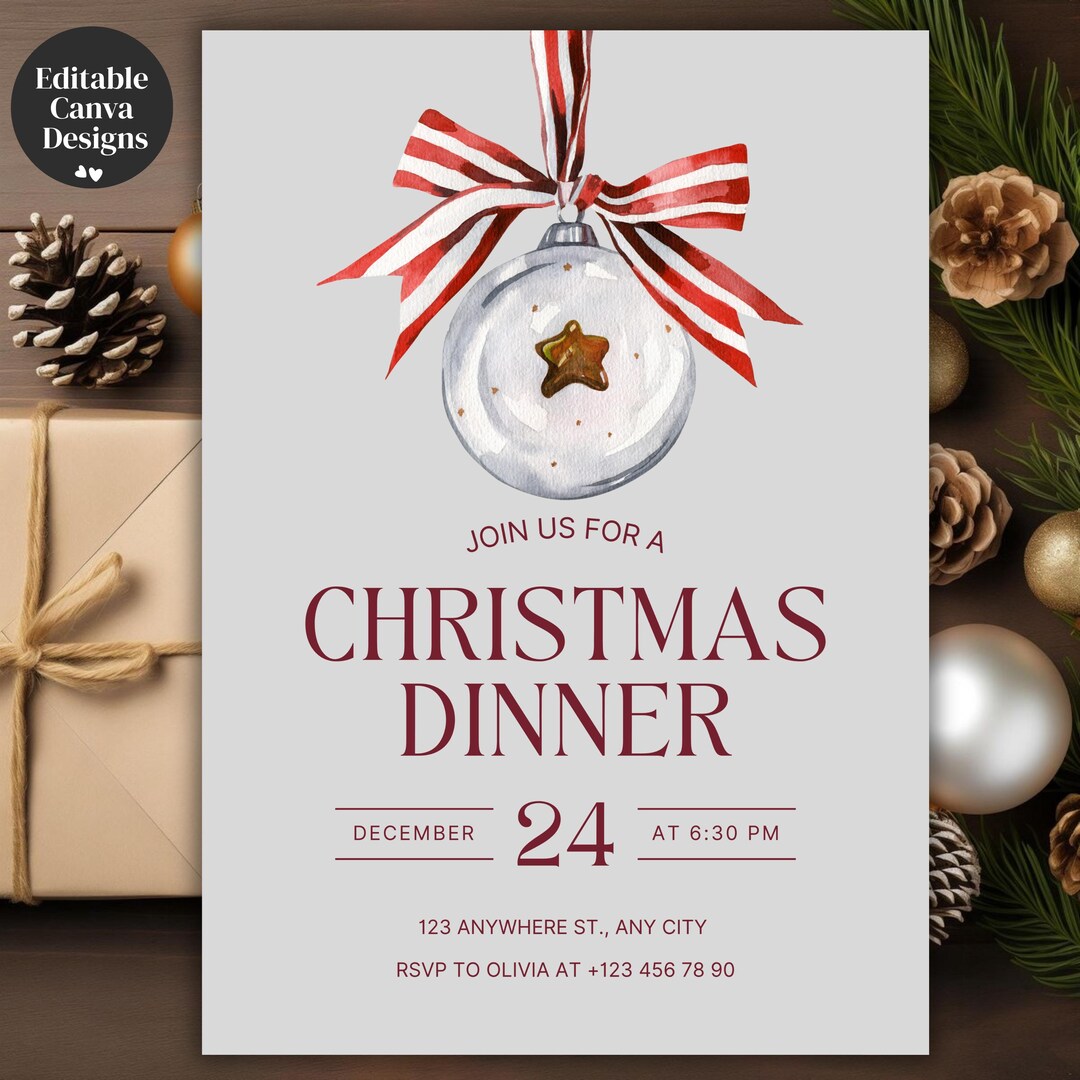 Printable Christmas Dinner Invitation, Christmas Ornament & Ribbon ...