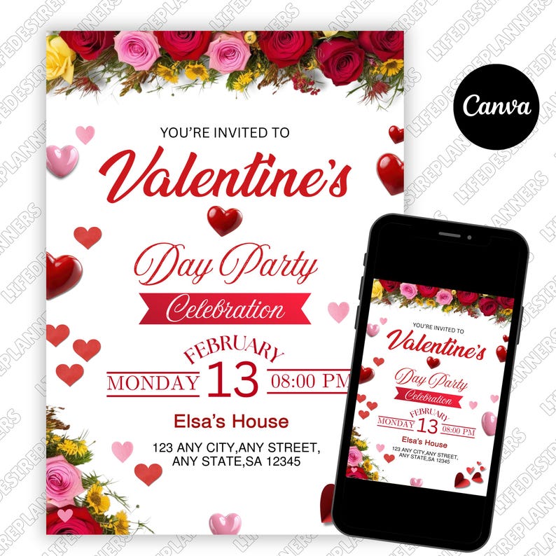 Editable Valentine’s Day Party Invitation, Colorfull Flowers Card ...