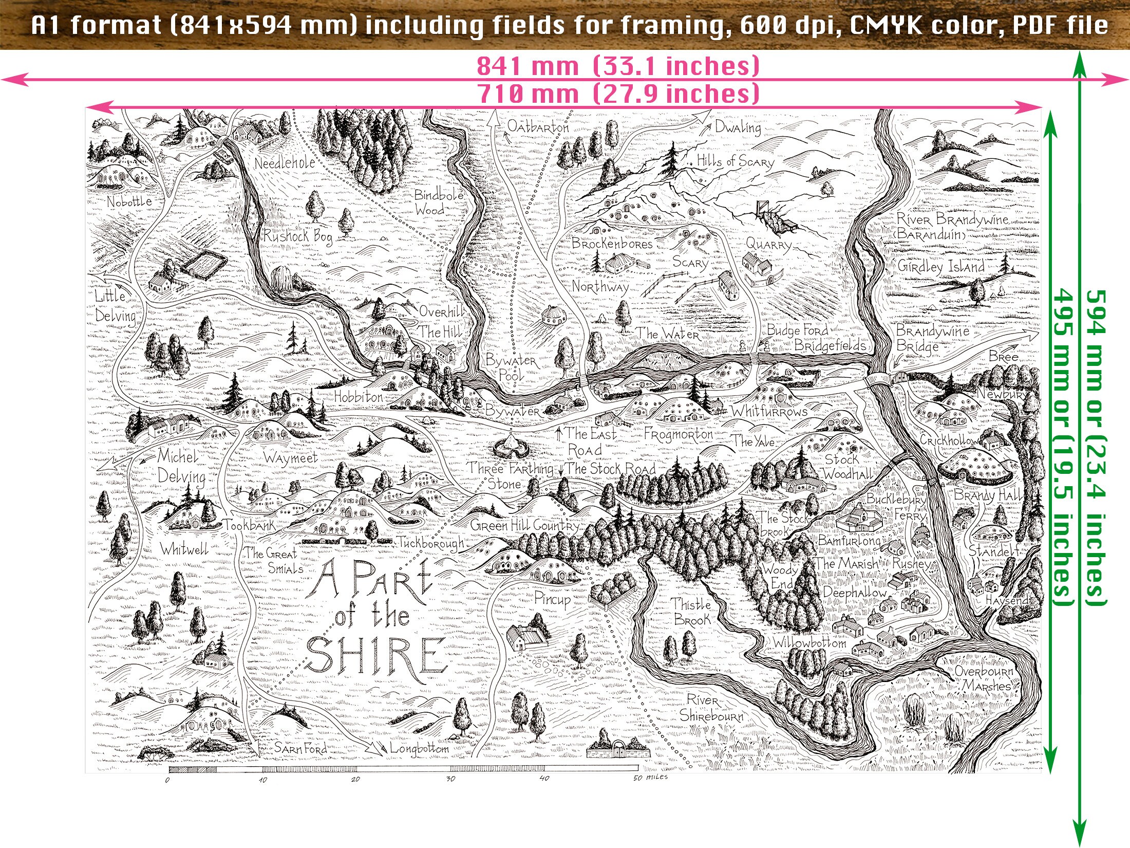 A Part of the Shire Detailed Map PDF A1 Size Colouring Sheet in Black ...