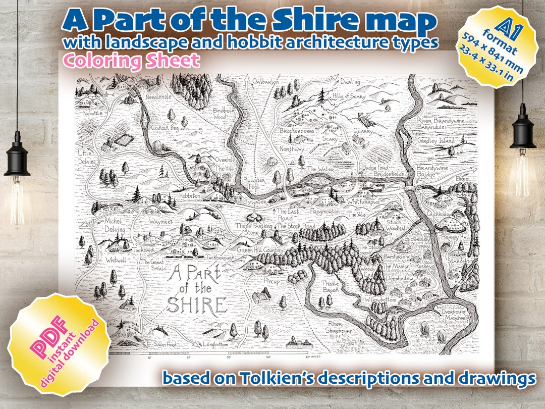 A Part of the Shire Detailed Map PDF A1 Size Colouring Sheet in Black ...
