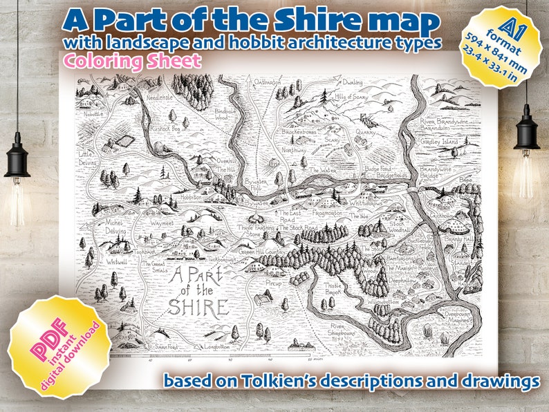 A Part of the Shire Detailed Map PDF A1 Size Colouring Sheet in Black ...