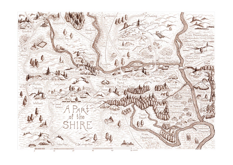 A Part of the Shire Detailed Map PDF A1 Size Colouring Sheet in Black ...