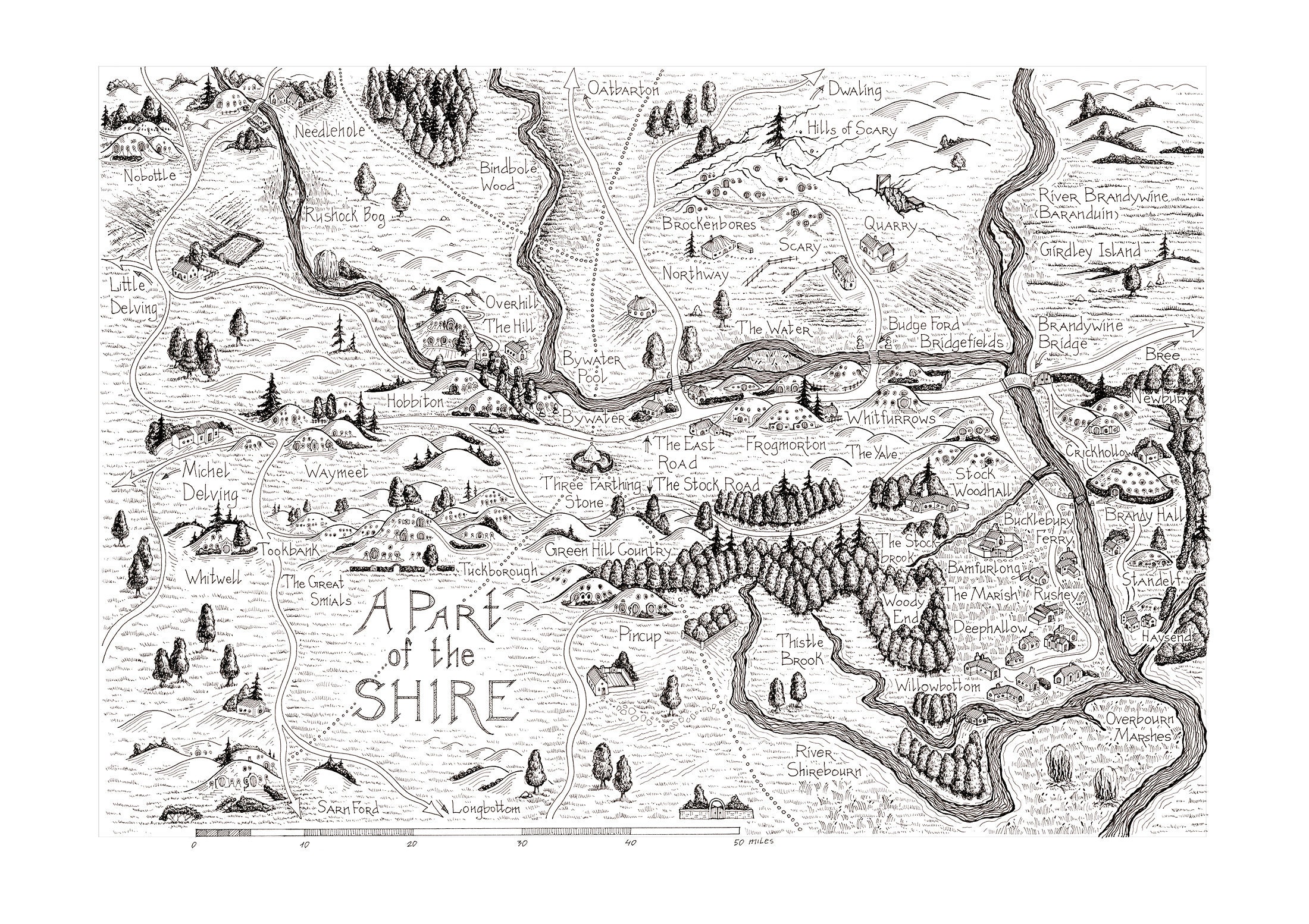 A Part of the Shire Detailed Map PDF A1 Size Colouring Sheet in Black ...