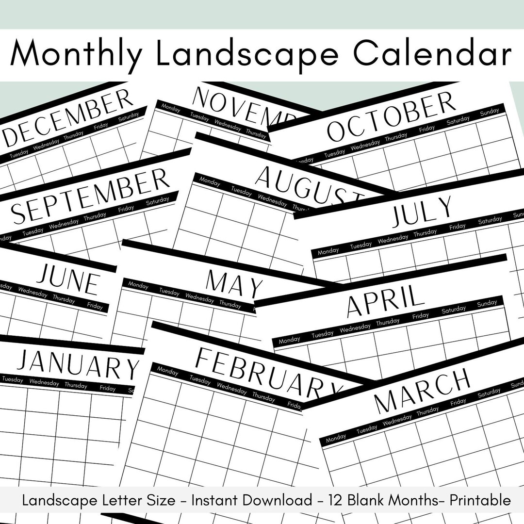 Black & White Minimalist Unlined Monthly Calendars 8.5x11 LANDSCAPE Jan ...