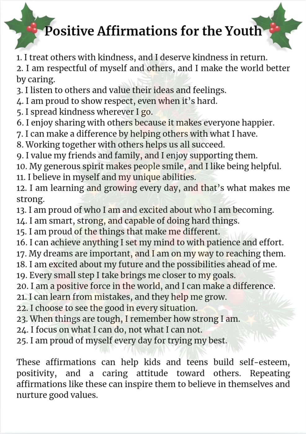 Positive Affirmations for Youth Kids Digital PDF - Etsy