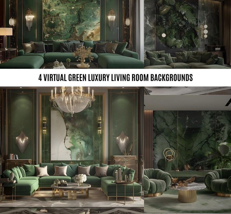 Green Luxury Living Room Zoom Backgrounds | Elegant Virtual Backdrop ...