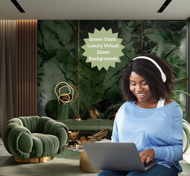 Green Luxury Living Room Zoom Backgrounds | Elegant Virtual Backdrop ...