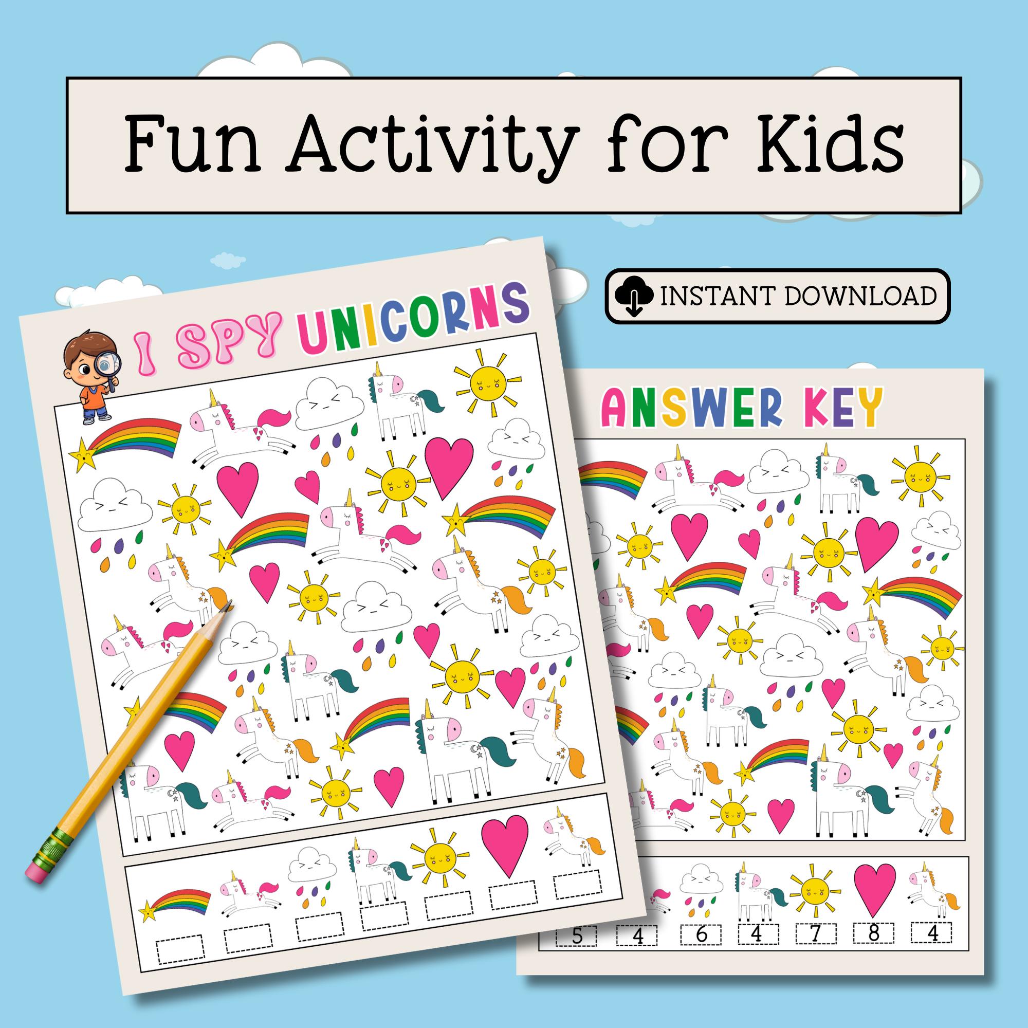 Rainbow Unicorn I Spy Game / Activity Sheets for Kids / Printable Party ...
