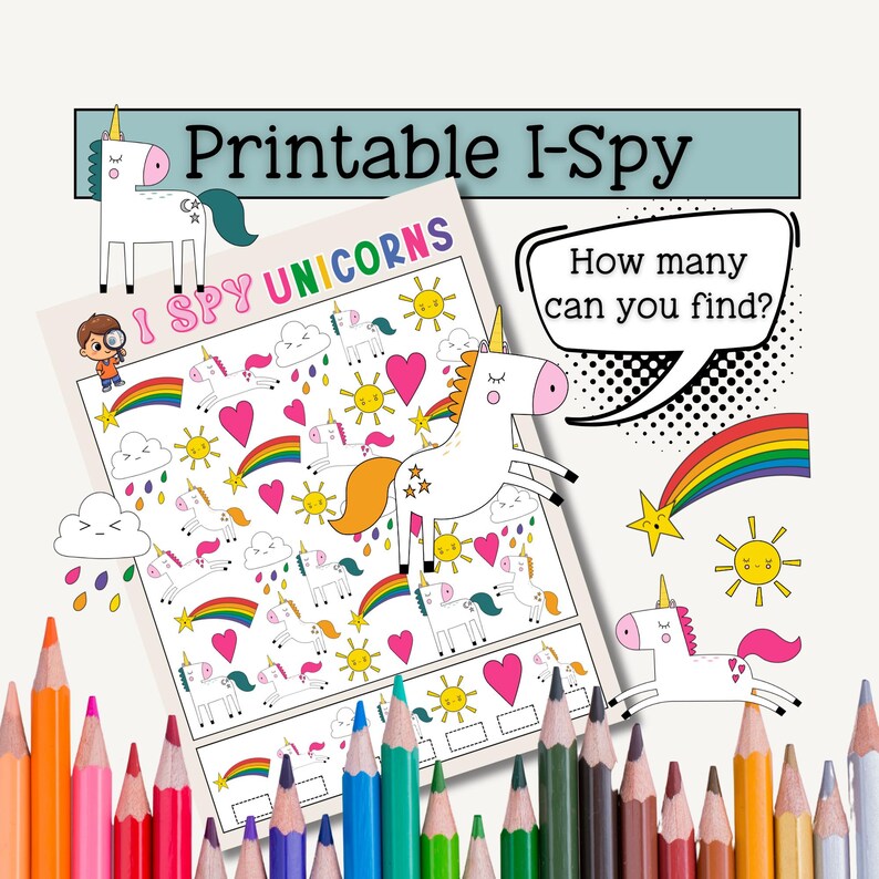 Rainbow Unicorn I Spy Game / Activity Sheets for Kids / Printable Party ...
