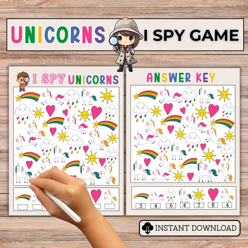 Rainbow Unicorn I Spy Game / Activity Sheets for Kids / Printable Party ...