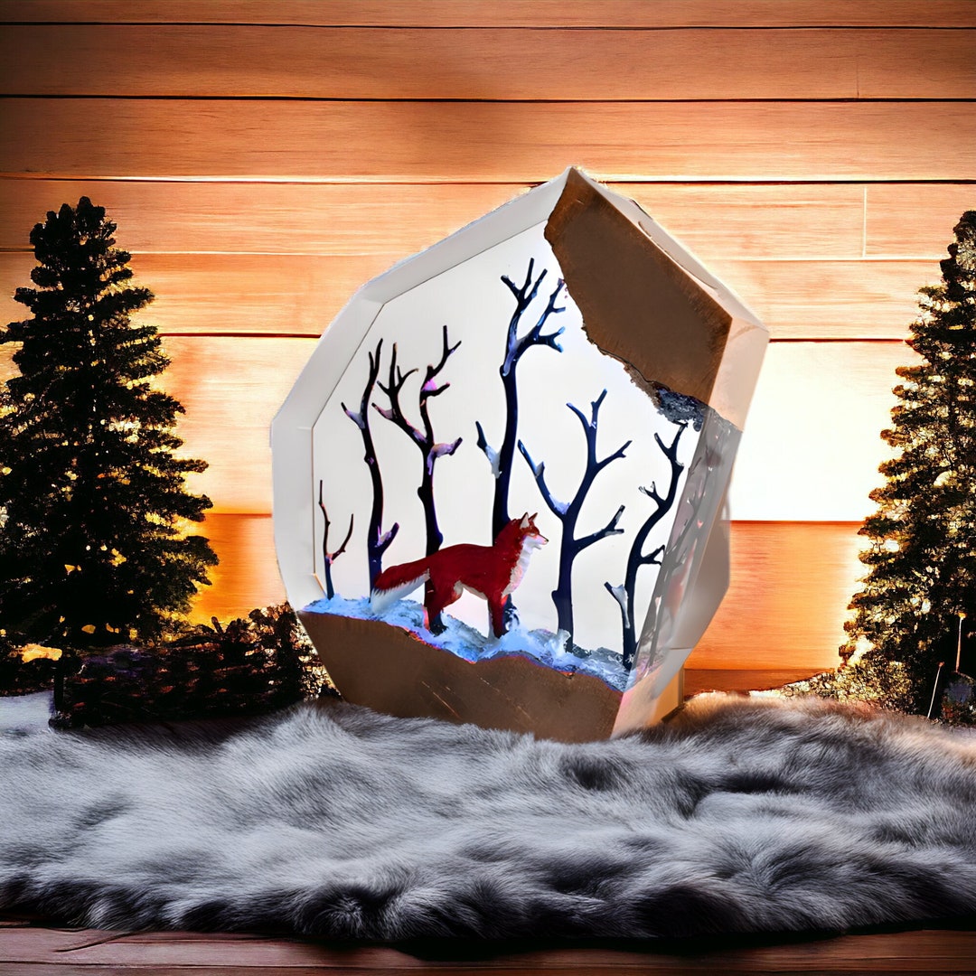 Red Fox in Snowy Forest Night Light Wooden Epoxy Lamp, Miniature Blue ...