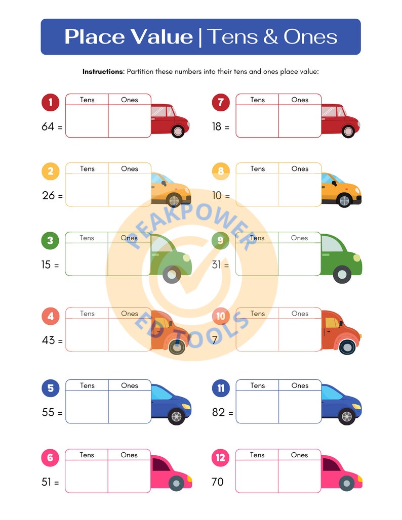 Place Value Tens and Ones Worksheet Colorful Cars Kids 1st Grade ...