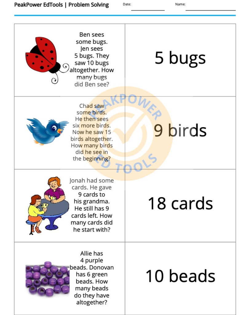 Word Problem Solving Cards Math Station Printable 1st Grade 2nd Grade ...
