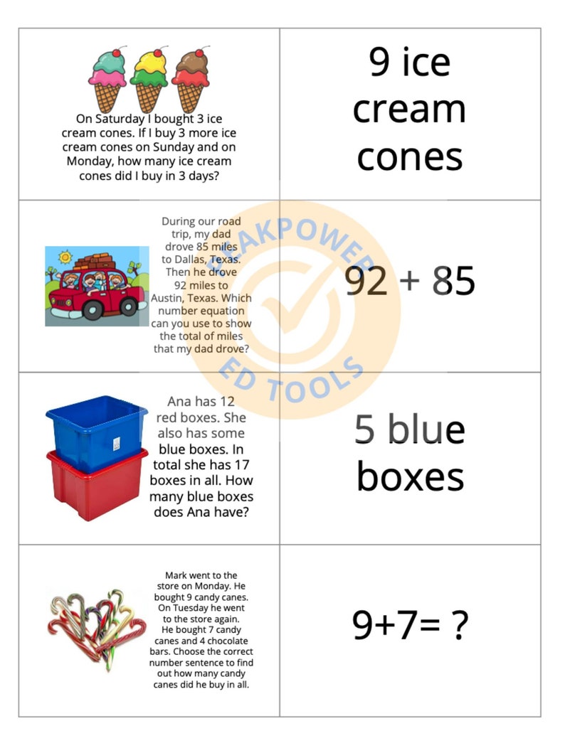 Word Problem Solving Cards Math Station Printable 1st Grade 2nd Grade ...