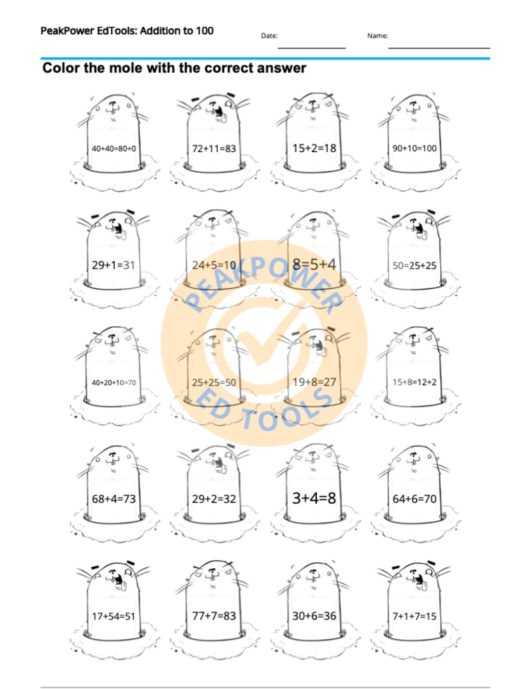 Wac the Mole Coloring Math Worksheet Addition to 100 Homeschool ...