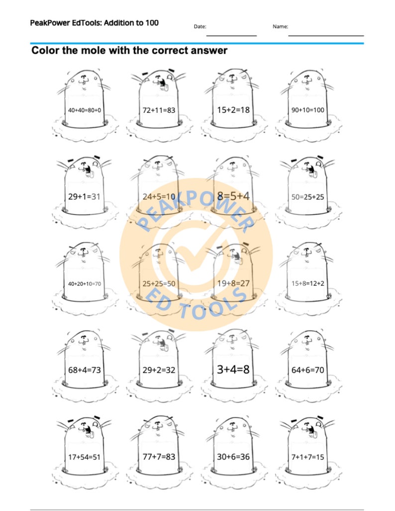Wac the Mole Coloring Math Worksheet Addition to 100 Homeschool ...