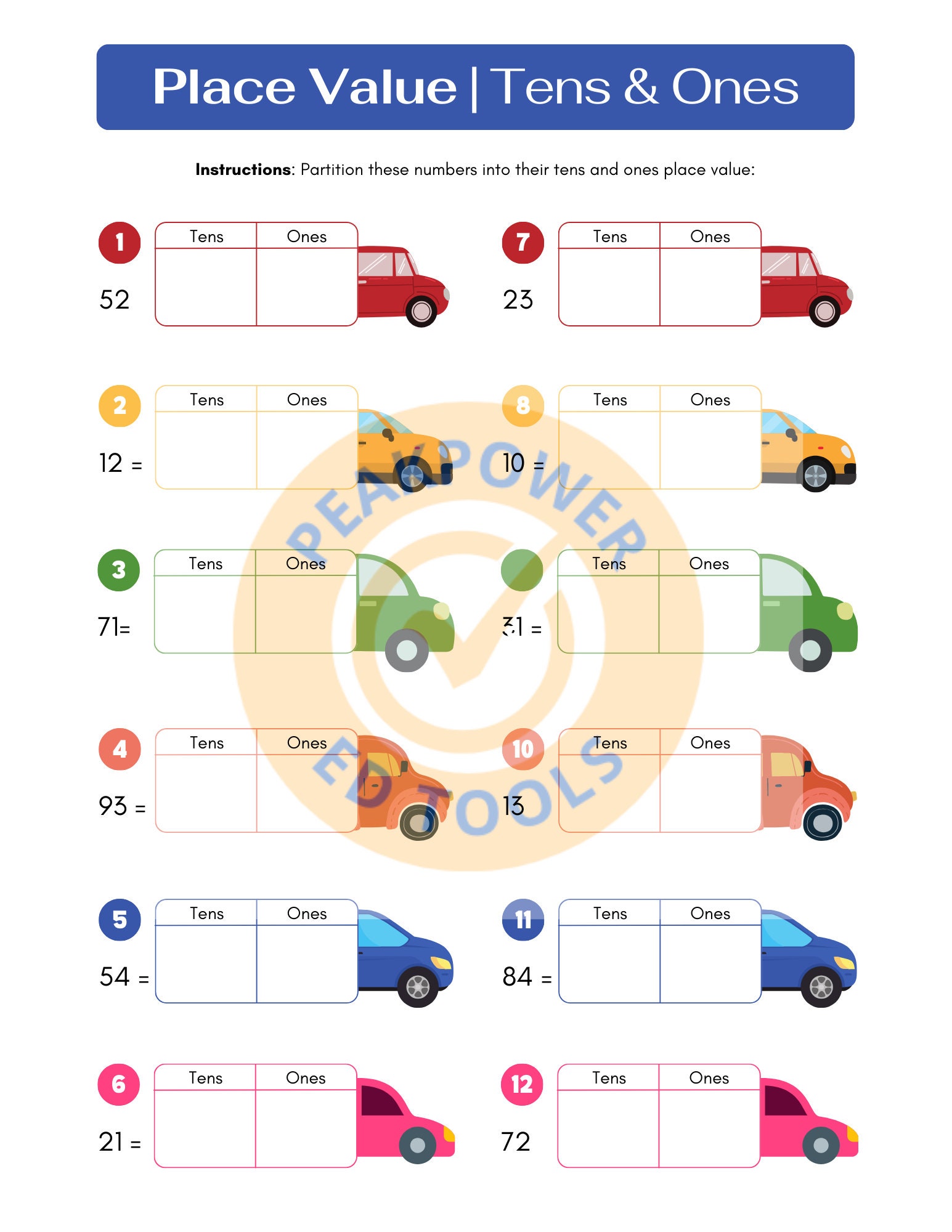 Place Value Tens and Ones Worksheet Colorful Cars Kids 1st Grade ...