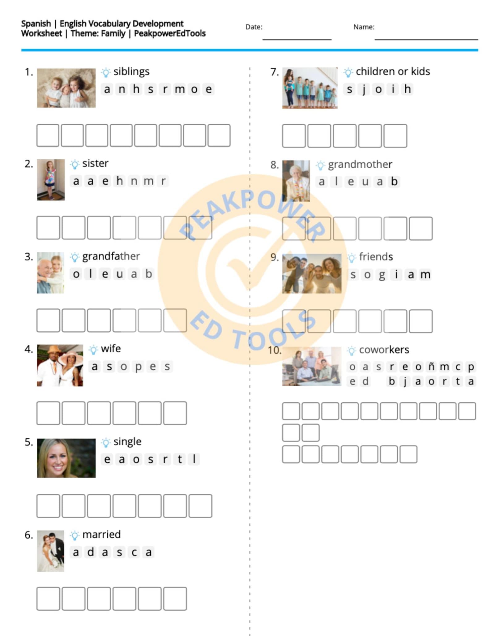 Spanish Vocabulary Cards Family Friends Theme High School Middle School ...