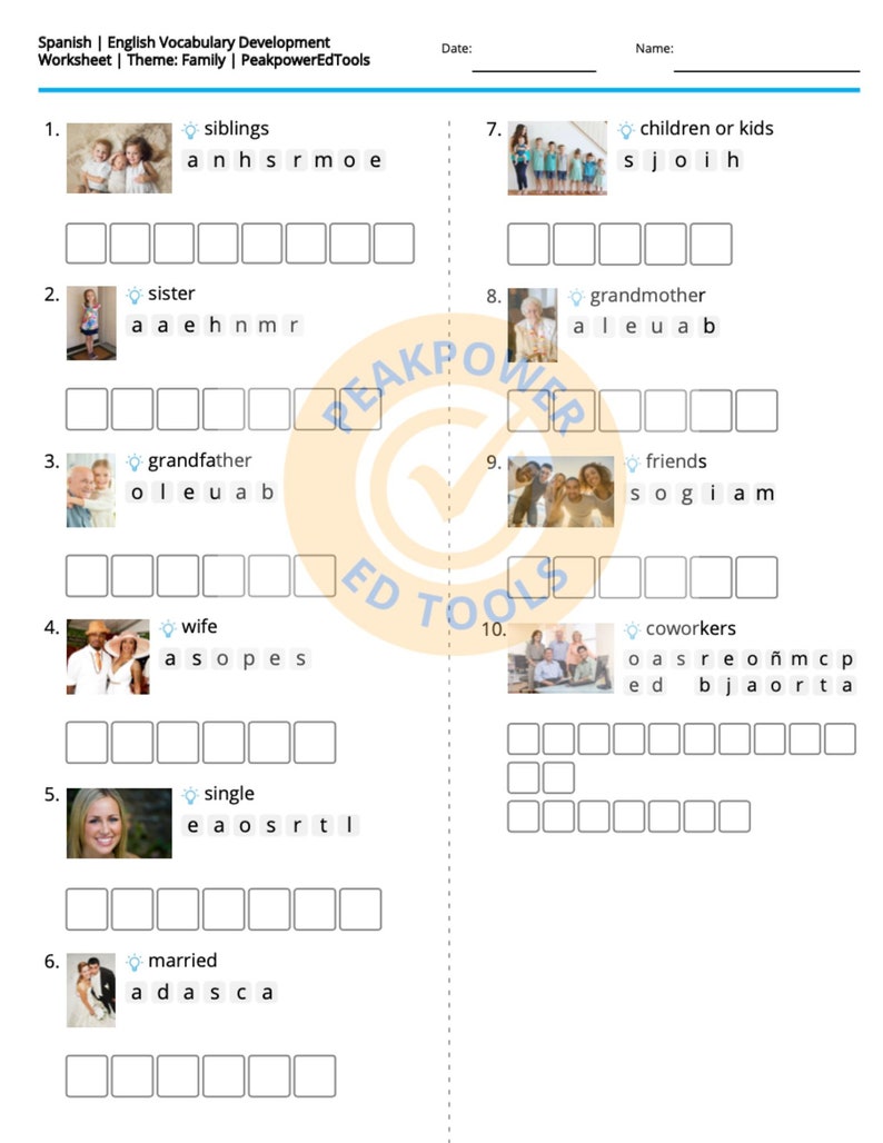 Spanish Vocabulary Cards Family Friends Theme High School Middle School ...