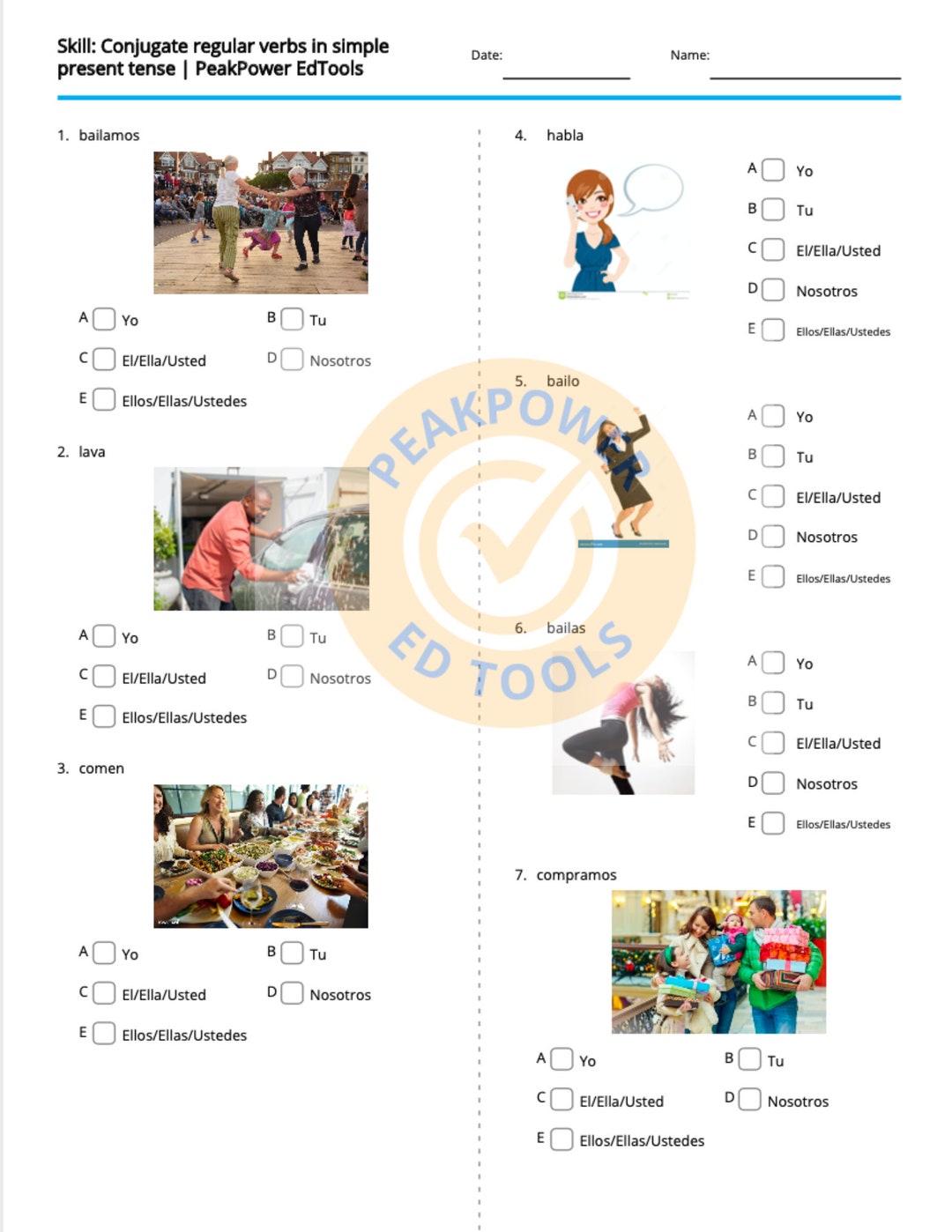 Spanish Conjugate Regular Verbs in Simple Present Tense Work Sheet ...