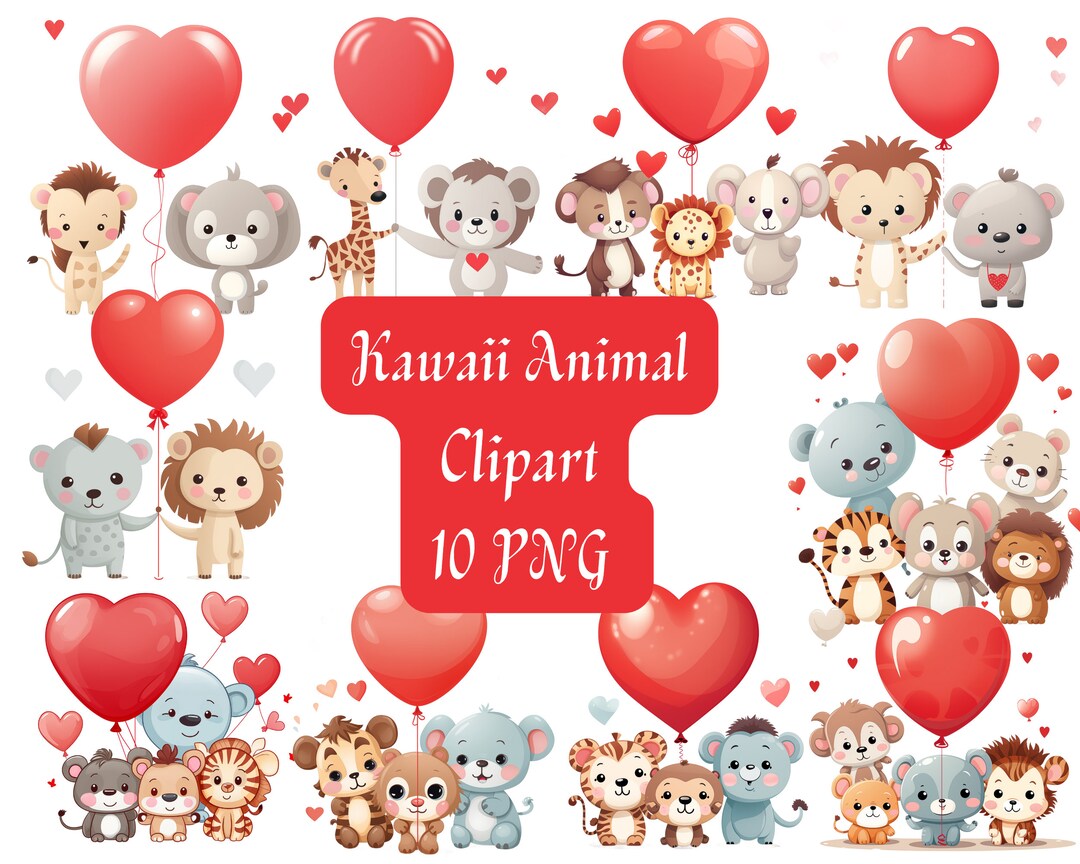 Kawaii Valentines Day Clipart Cute Animals Heart Giraffe Lion Bear ...