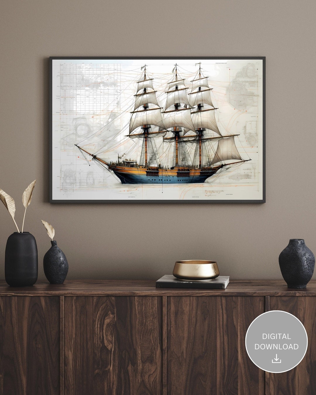 Vintage Sailing Ship Blueprint Poster: Nautical Wall Art (digital ...