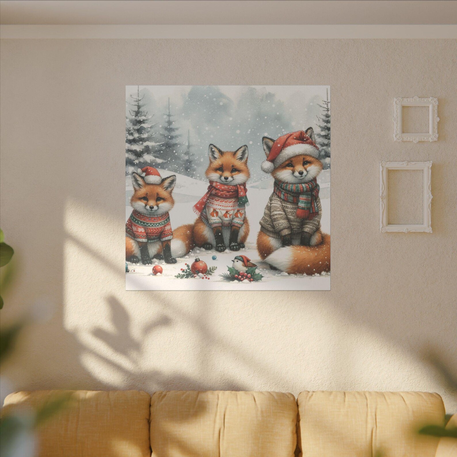 Festive Fox Trio in a Winter Wonderland on Giclée Print Canvas - Etsy