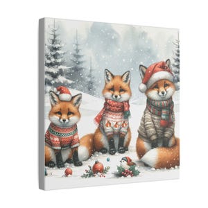 Festive Fox Trio in a Winter Wonderland on Giclée Print Canvas - Etsy