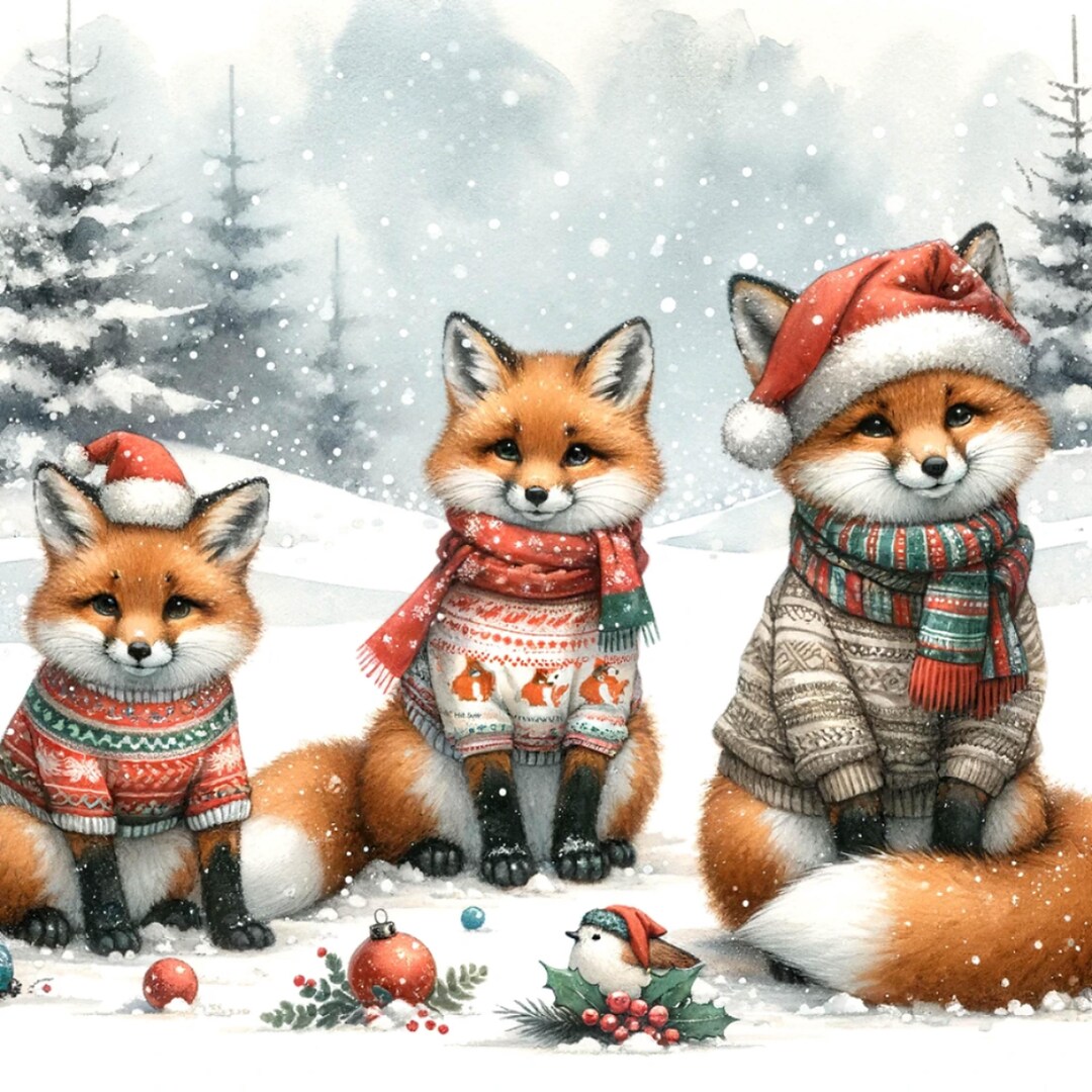 Festive Fox Trio in a Winter Wonderland on Giclée Print Canvas - Etsy
