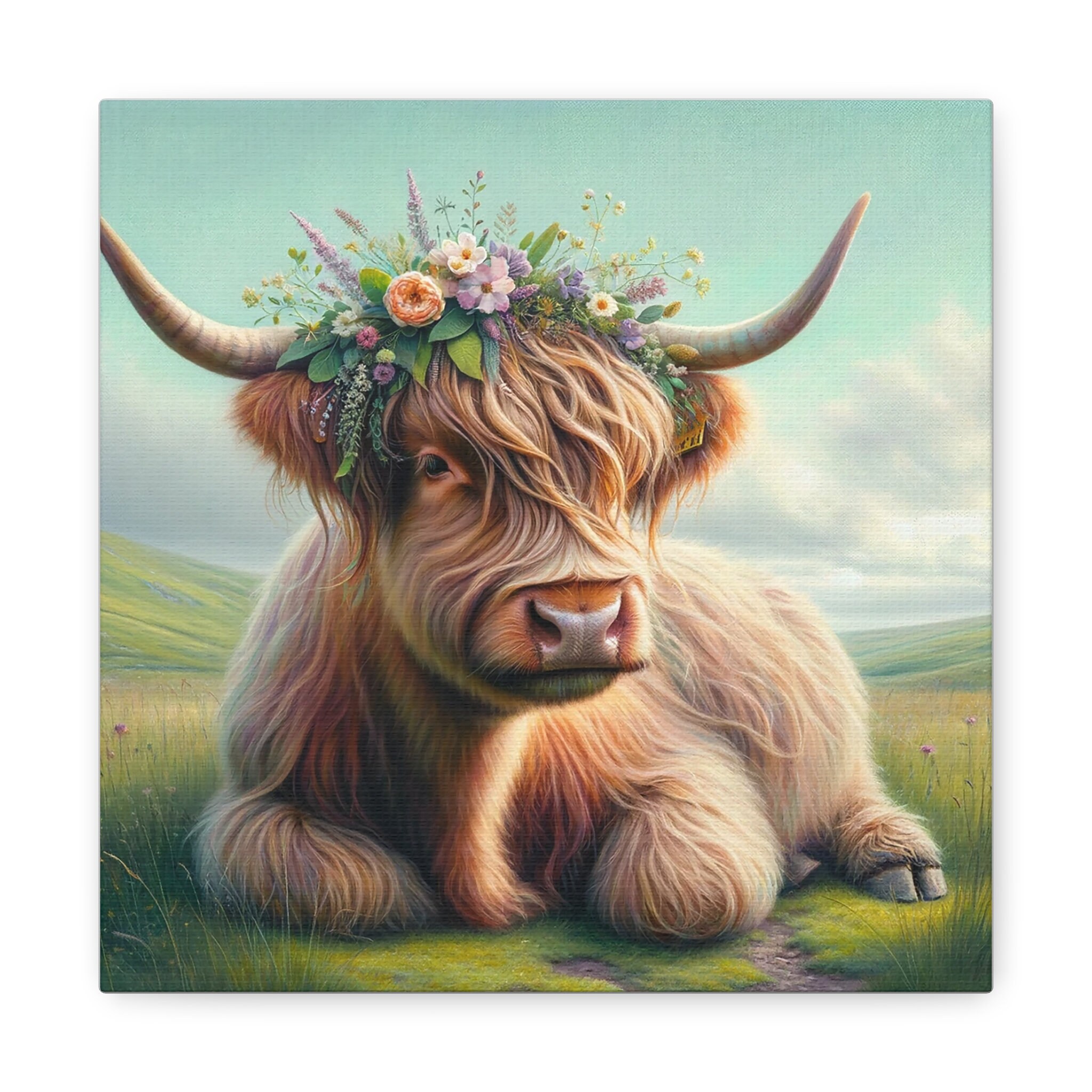 Highland Cow Flower Crown Canvas Print - Etsy