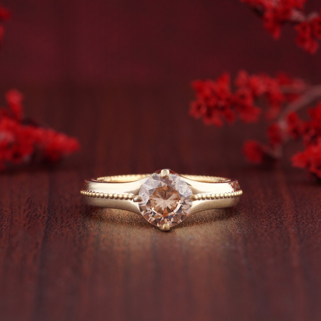 Round Brilliant Cut Champagne Moissanite Solitaire Mill Grain Ring ...