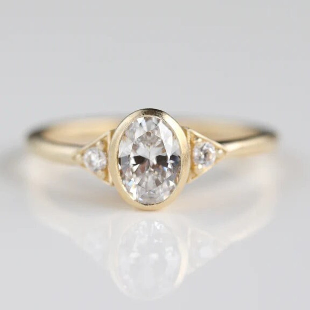 Oval Moissanite Bezel Set Three Stone Anniversary Ring, Art Deco Ring ...