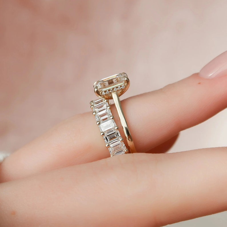 Emerald Cut Moissanite Solitaire Ring With Full Eternity Emerald Cut Wedding Band, Bridal Ring ...