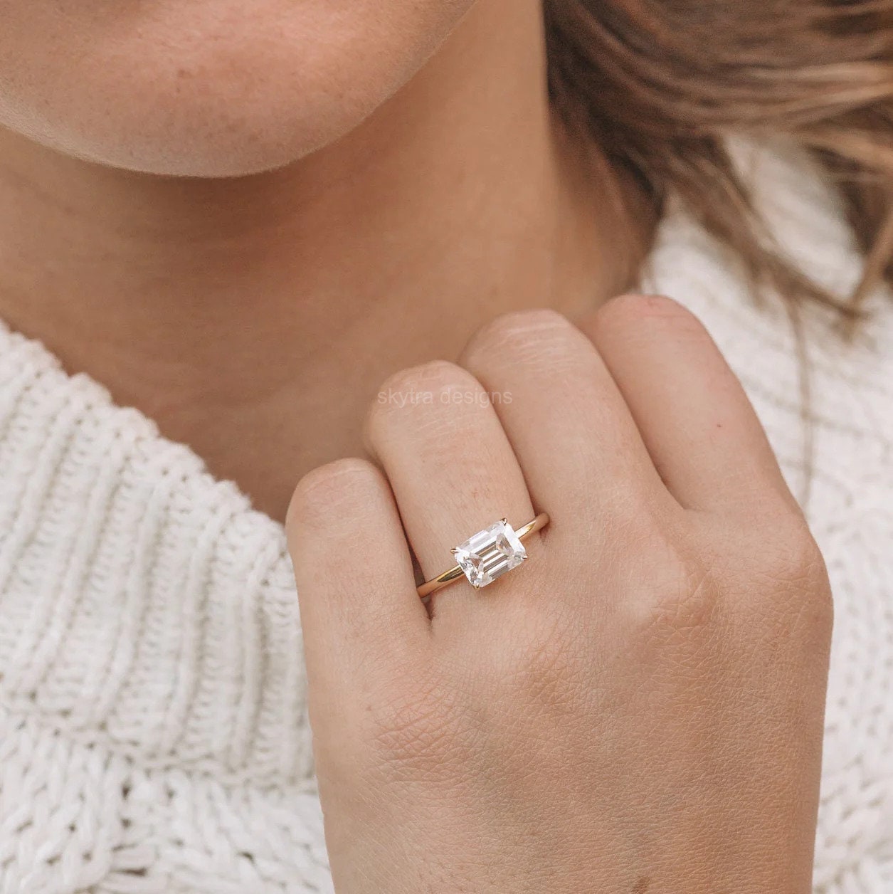 2CT East West Emerald Cut Solitaire Proposal Ring, Law Profile Setting ...