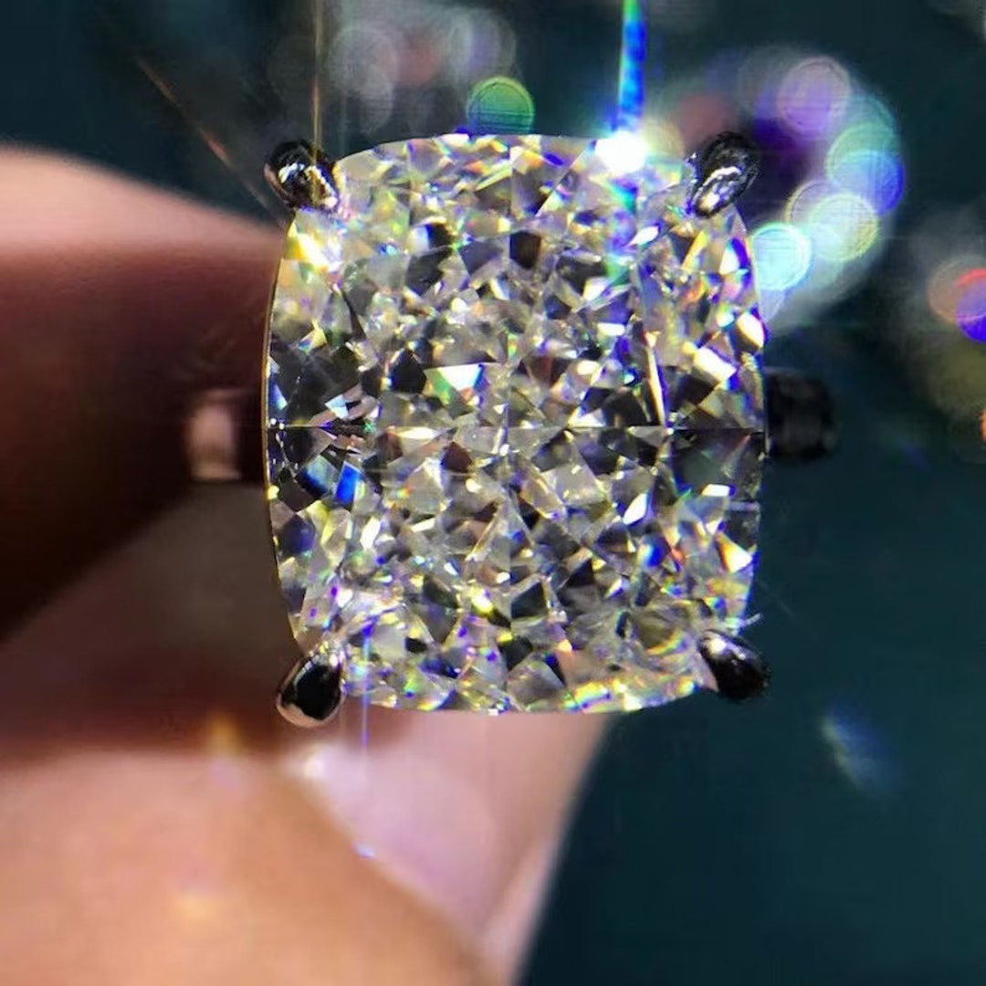 12 CARAT Cushion Cut Moissanite Solitaire Engagement Ring, 4 Claw ...