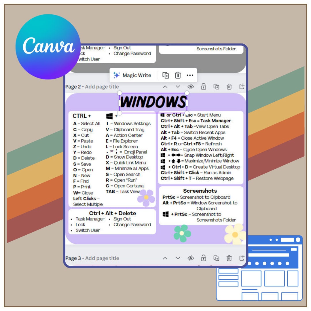Keyboard Shortcut Sticker DIY Canva Template Cute Laptop Sticker Office ...